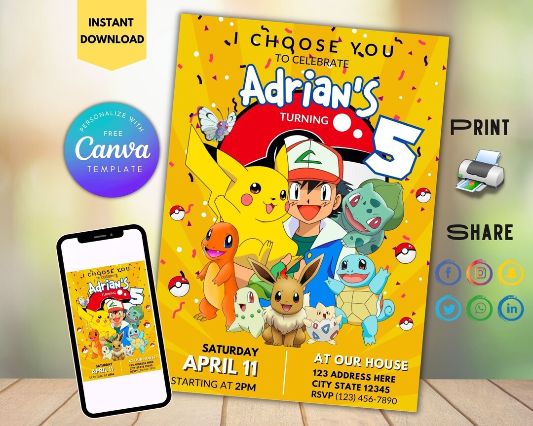 Pikachu Pokemon Invitation Template Editable Kids Birthday Invite ...