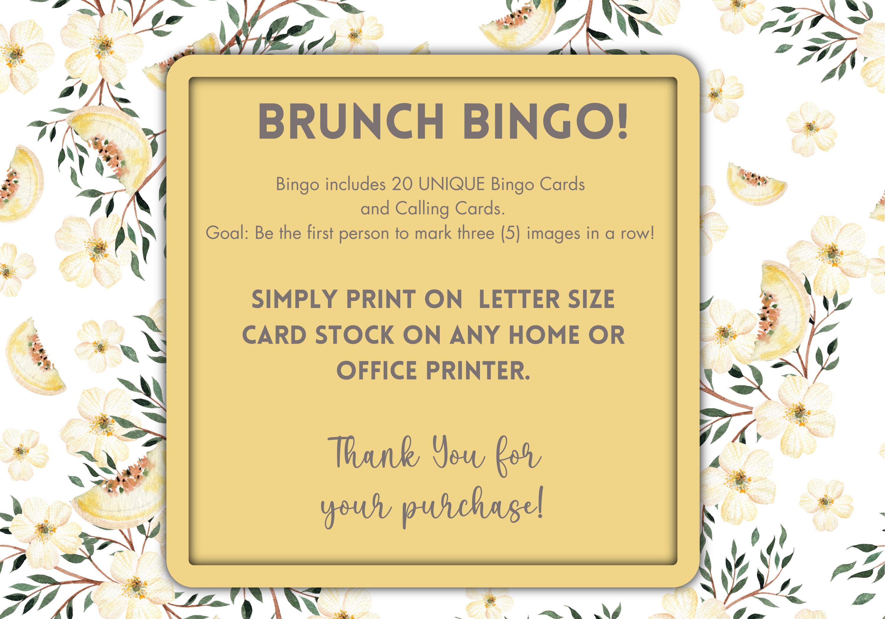 Brunch Bingo Printable Game: Bridal Shower, Birthday Party Activity ...
