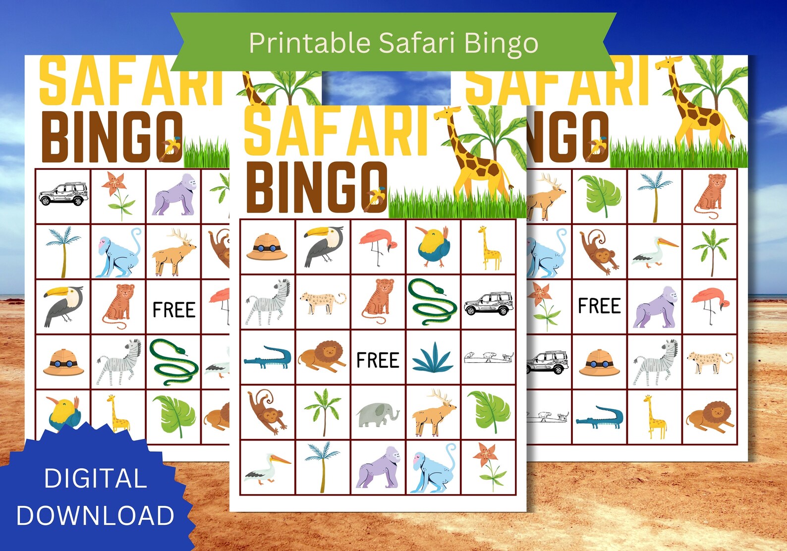 Safari Theme BINGO, Kids Bingo Game, Safari Jungle All Ages Party Games ...
