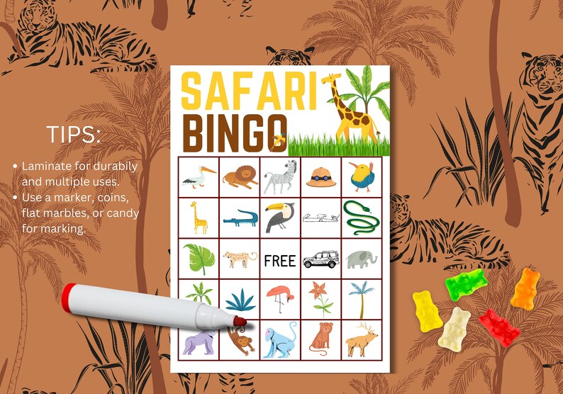 Safari Theme BINGO, Kids Bingo Game, Safari Jungle All Ages Party Games ...