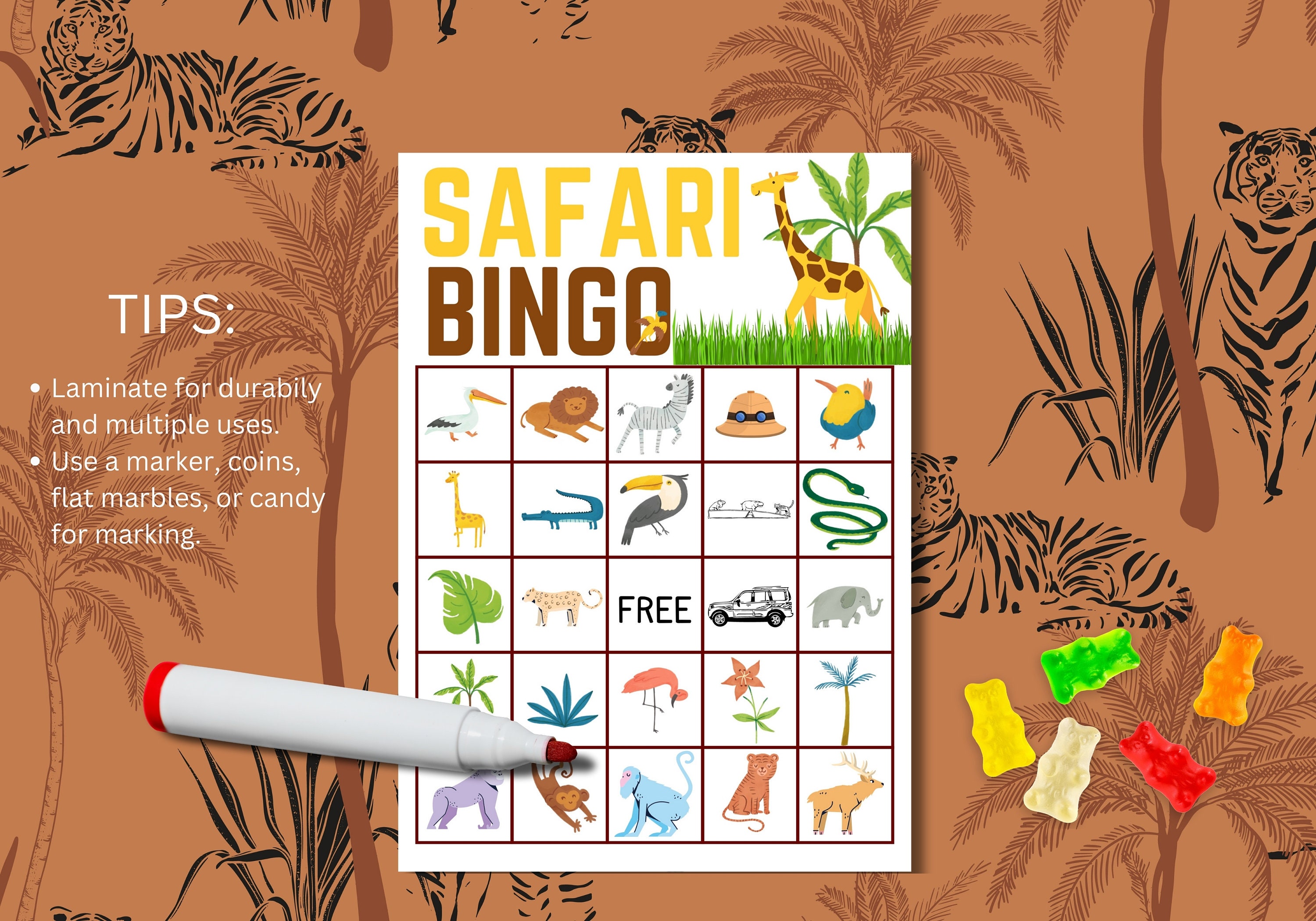 Safari Theme BINGO, Kids Bingo Game, Safari Jungle All Ages Party Games ...