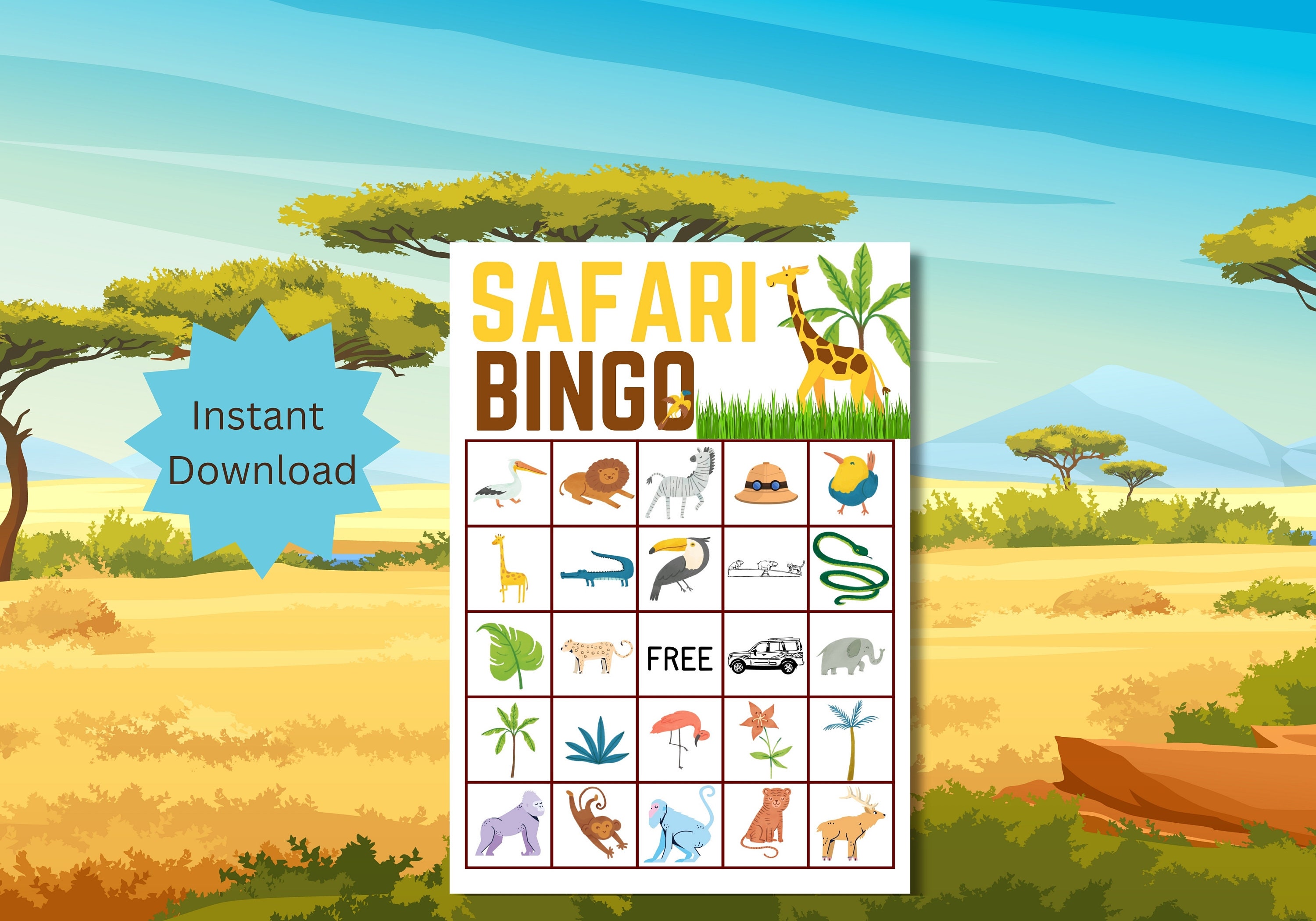 Safari Theme BINGO, Kids Bingo Game, Safari Jungle All Ages Party Games ...