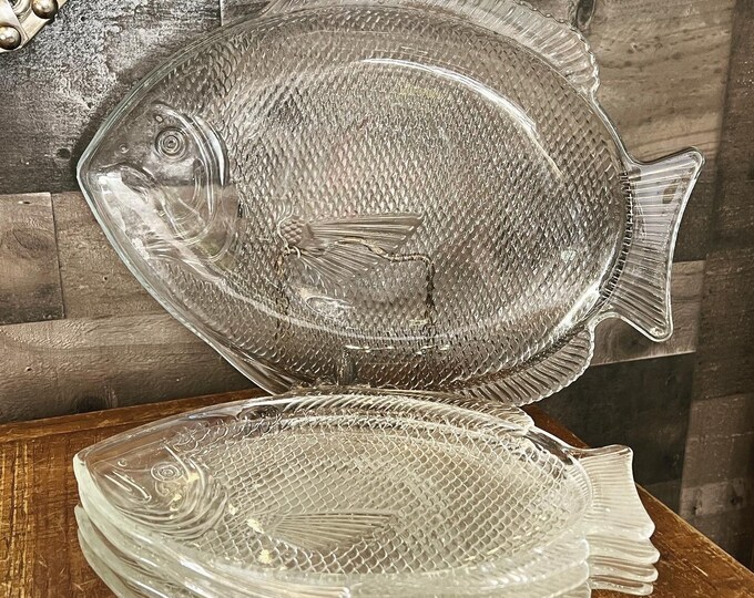 Vintage Ovenproof Glass Fish Shaped Large Platter and 4 Glass Oven ...