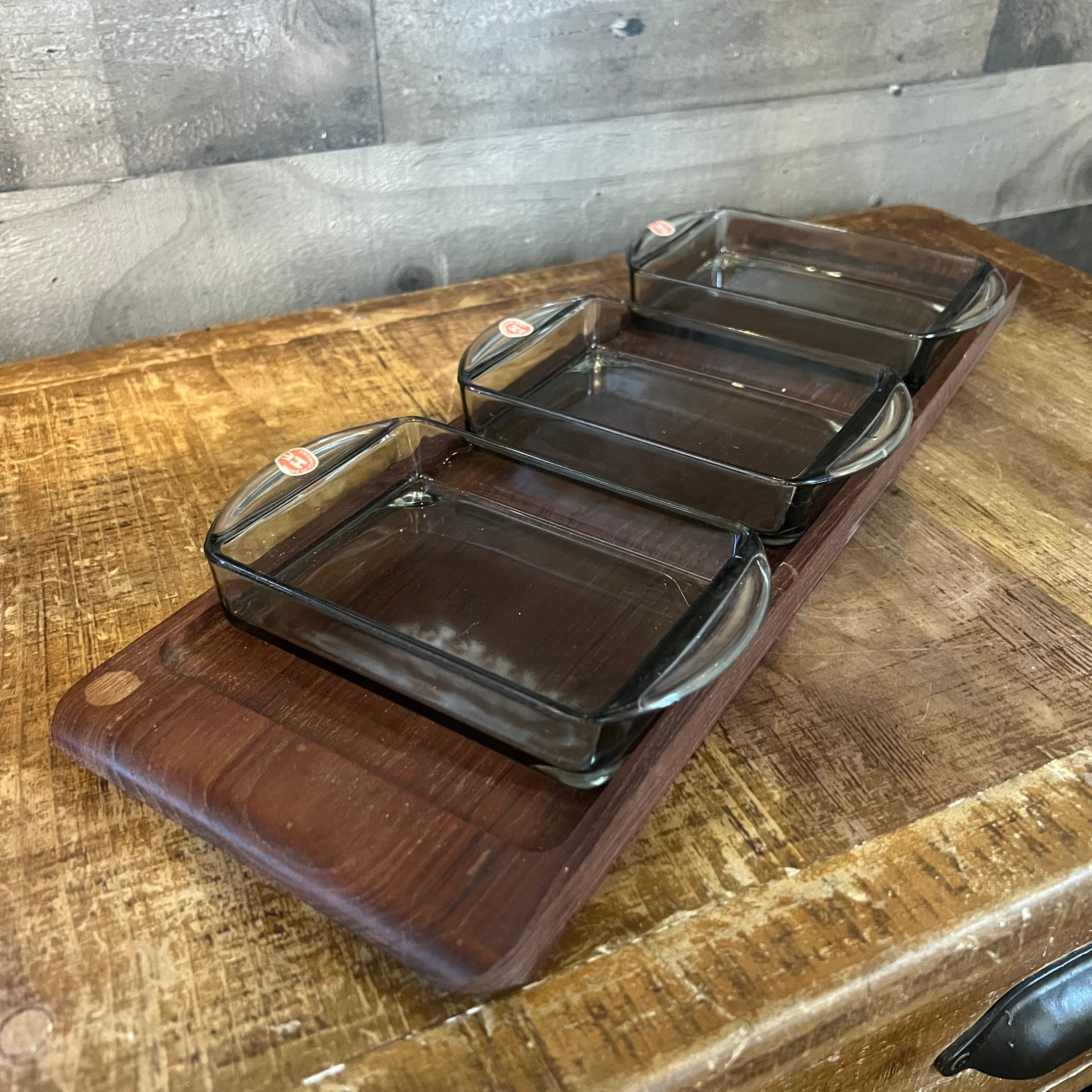 Vintage Danish Teak Wood Smoked Glass Server - Etsy