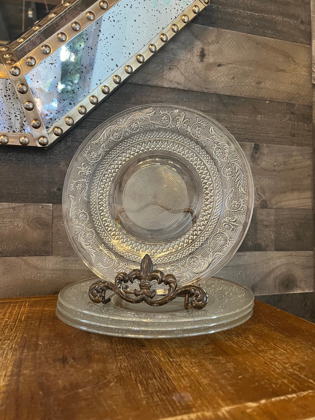 Vintage Set of 4 Kig Malaysia Fluer De Lis Trellis Pattern Clear Glass ...