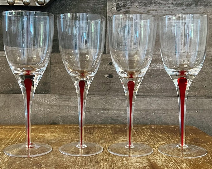 Set of 4 Red Teardrop Long Stem Clear Glass Wine Glasses - Elegant Wine ...