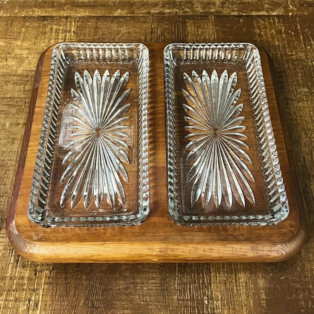 Vintage Wooden Square Serving Tray With 2 Rectangular Clear Crystal ...