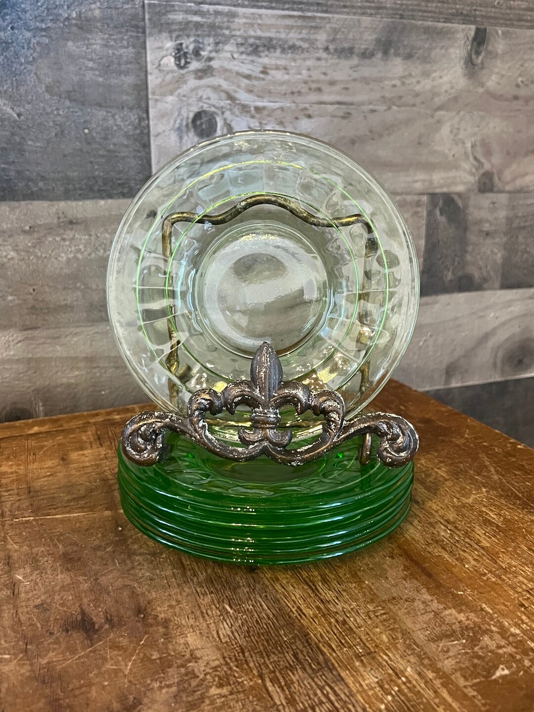 6 Vintage Anchor Hocking Uranium Green Glass Saucers - 1930s Optic ...