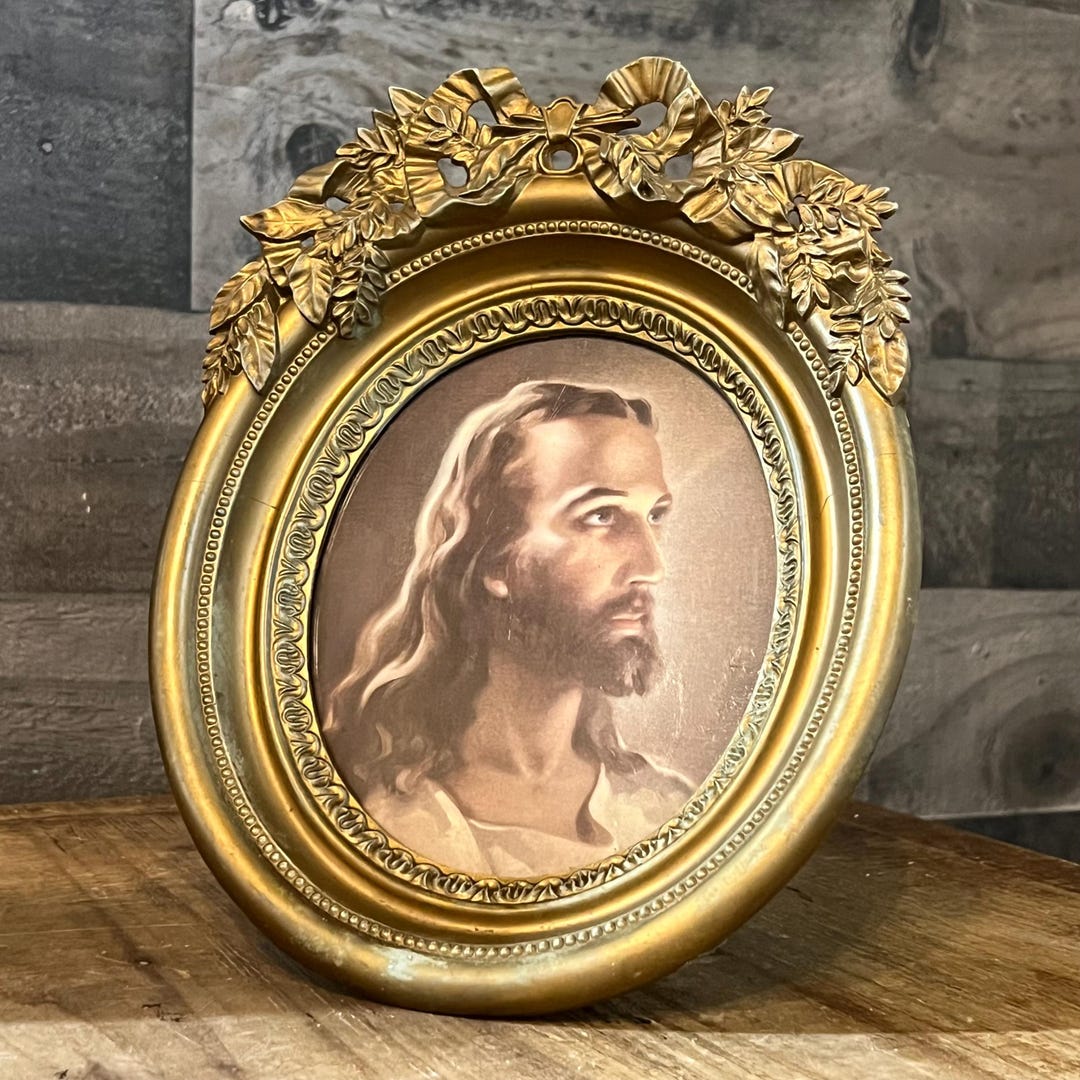 Vintage Gold Oval Bow Picture Frame With Portrait of Jesus - Etsy