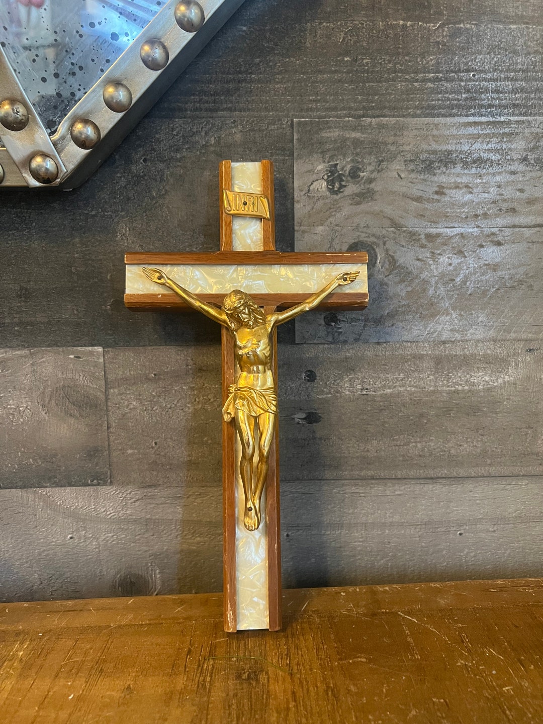 Vintage Jesus Crusifix - Wooden Pearlescent Cross - Etsy