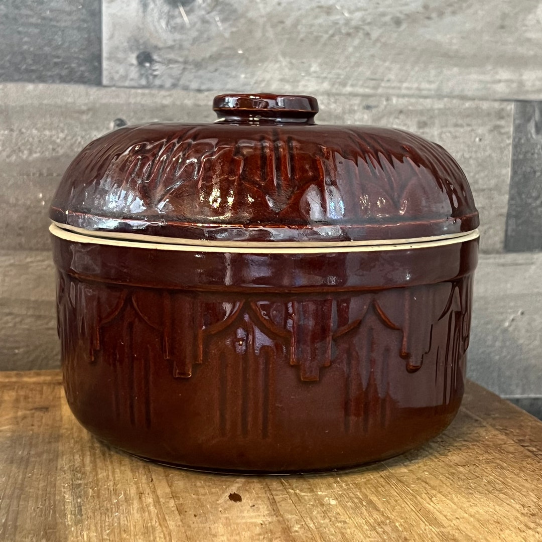 Vintage Brown Glaze Stoneware Pottery Round Lidded Casserole Dish ...