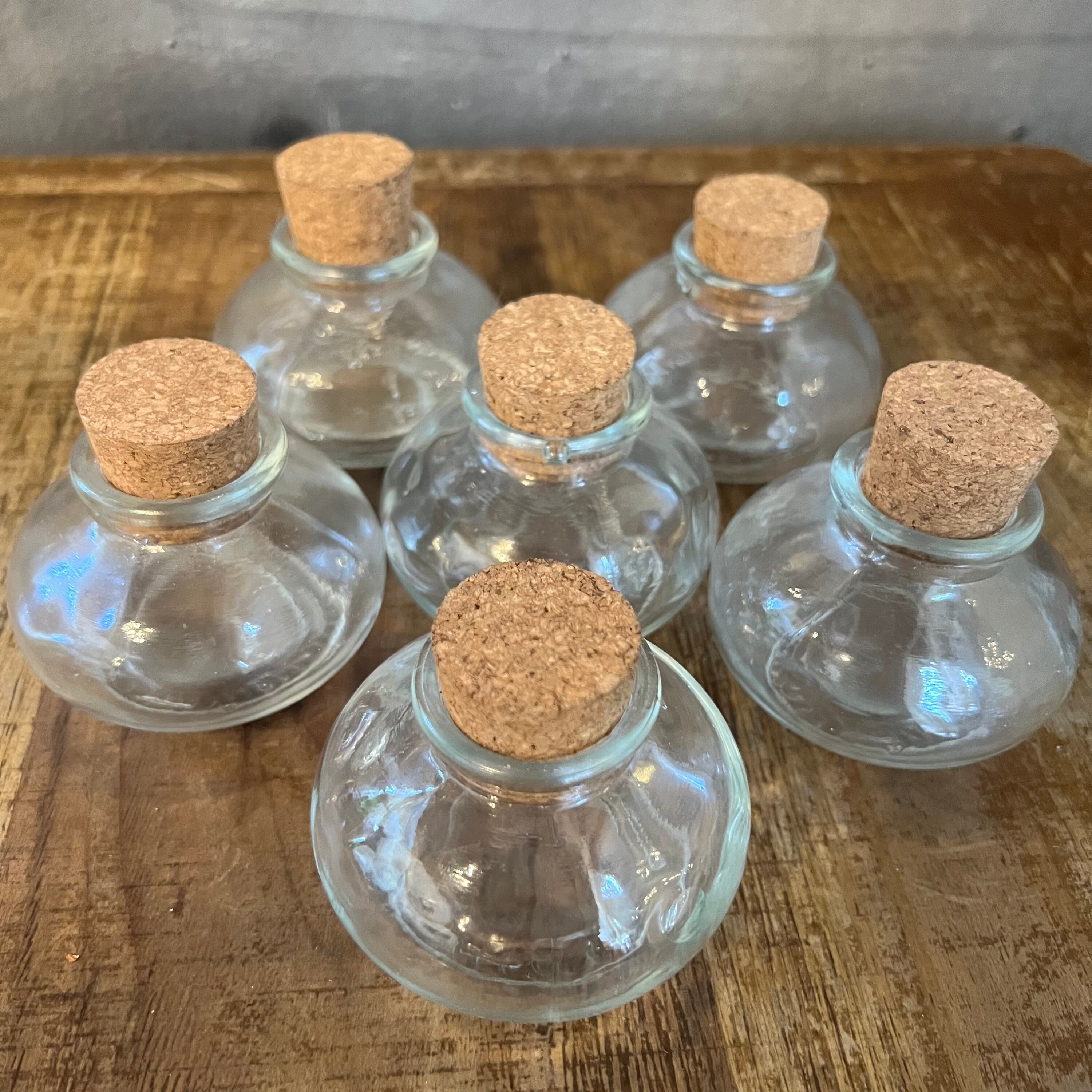 6 Small Clear Glass Round Bottles With Cork Lids Apothecary - Etsy