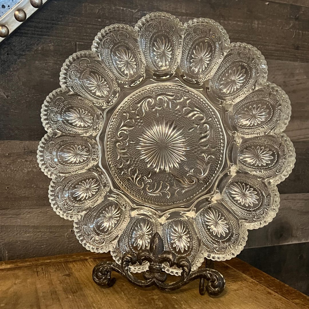 Vintage Clear Glass Egg Serving Dish - Deviled Egg Server - Oyster ...