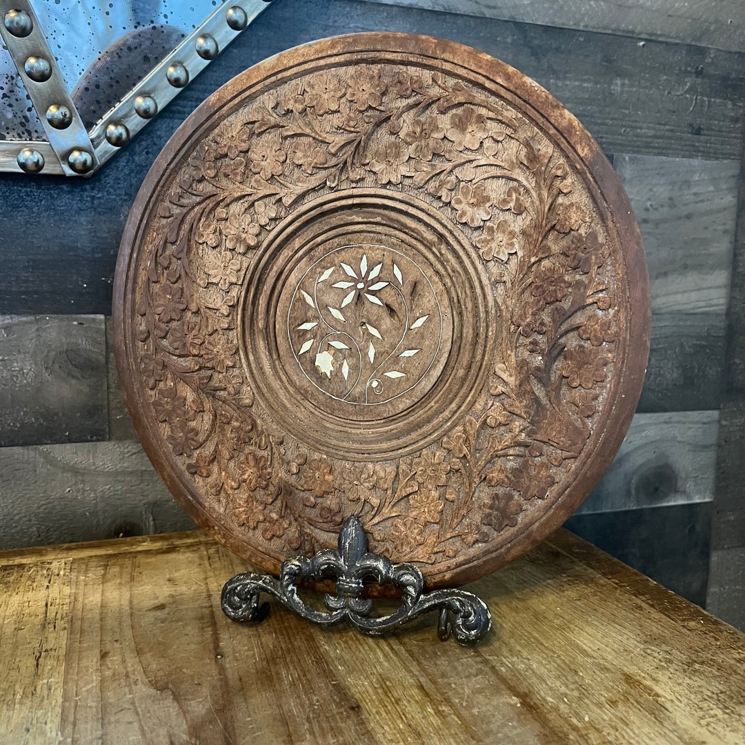 Vintage Indian Carved Wood Inlay Round Tray - Etsy