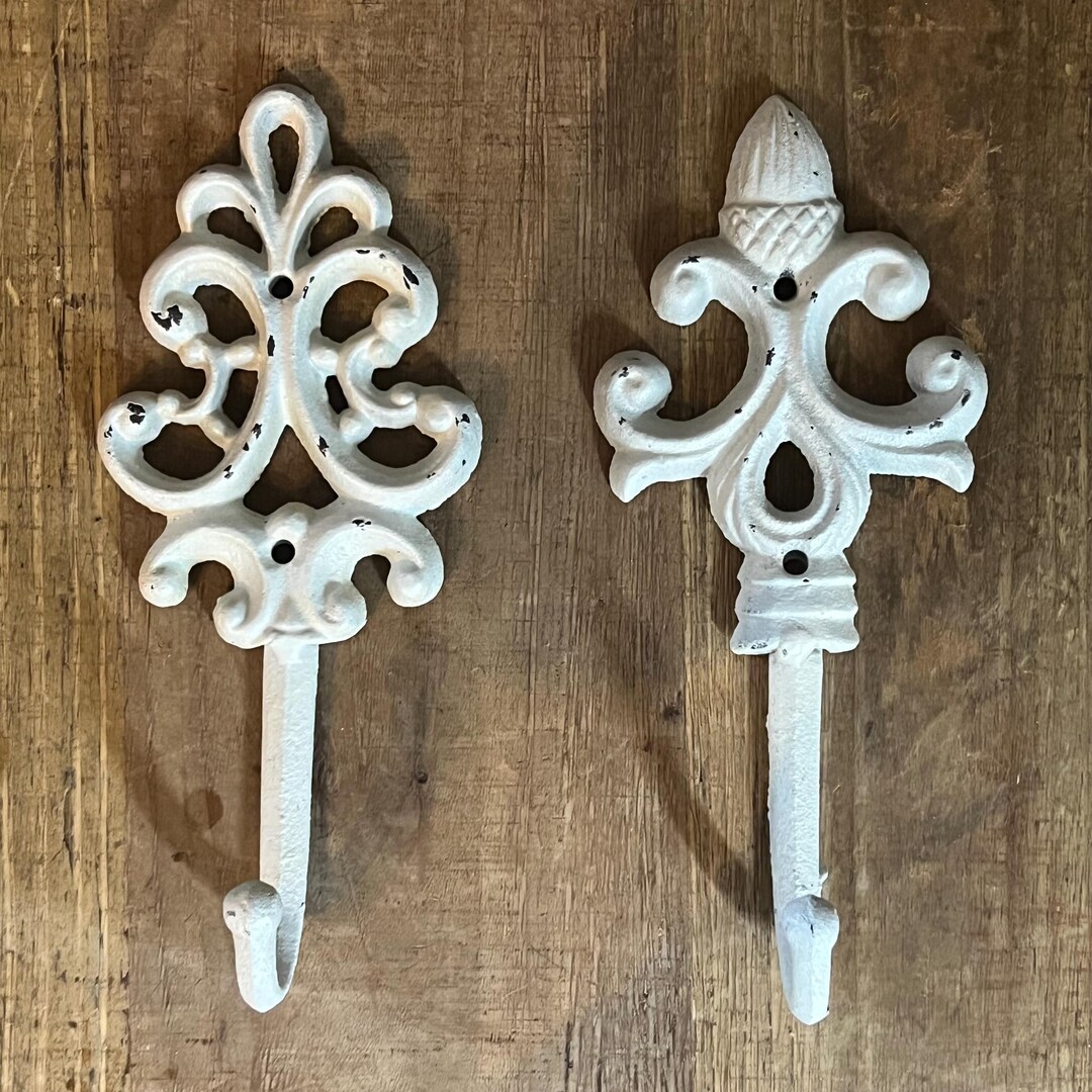 2 Vintage Painted White Cast Iron Wall Hooks - Etsy