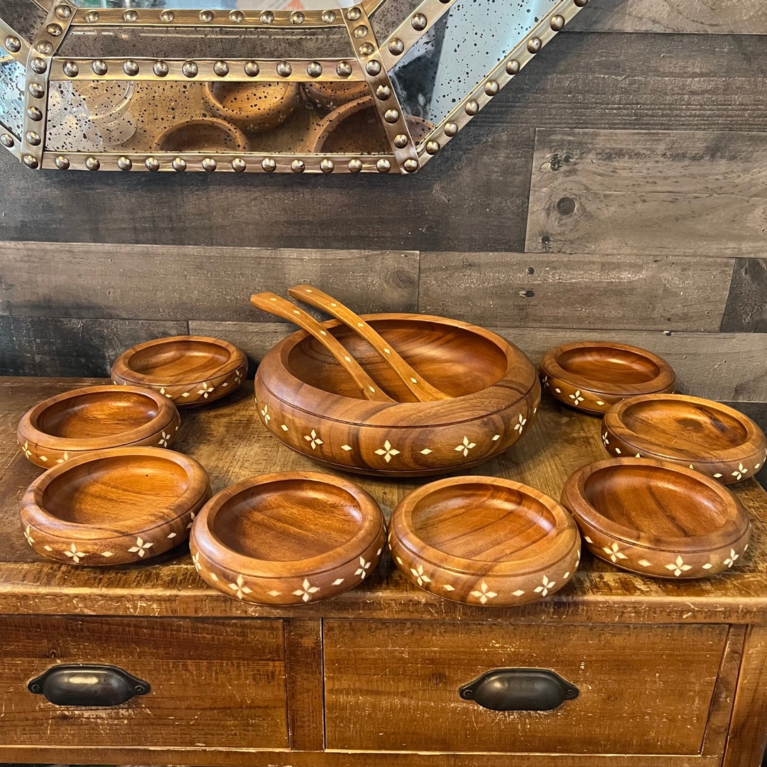 Vintage Wooden Serving Bowls With Ivory Color Diamond Shape Inlay - 1 ...