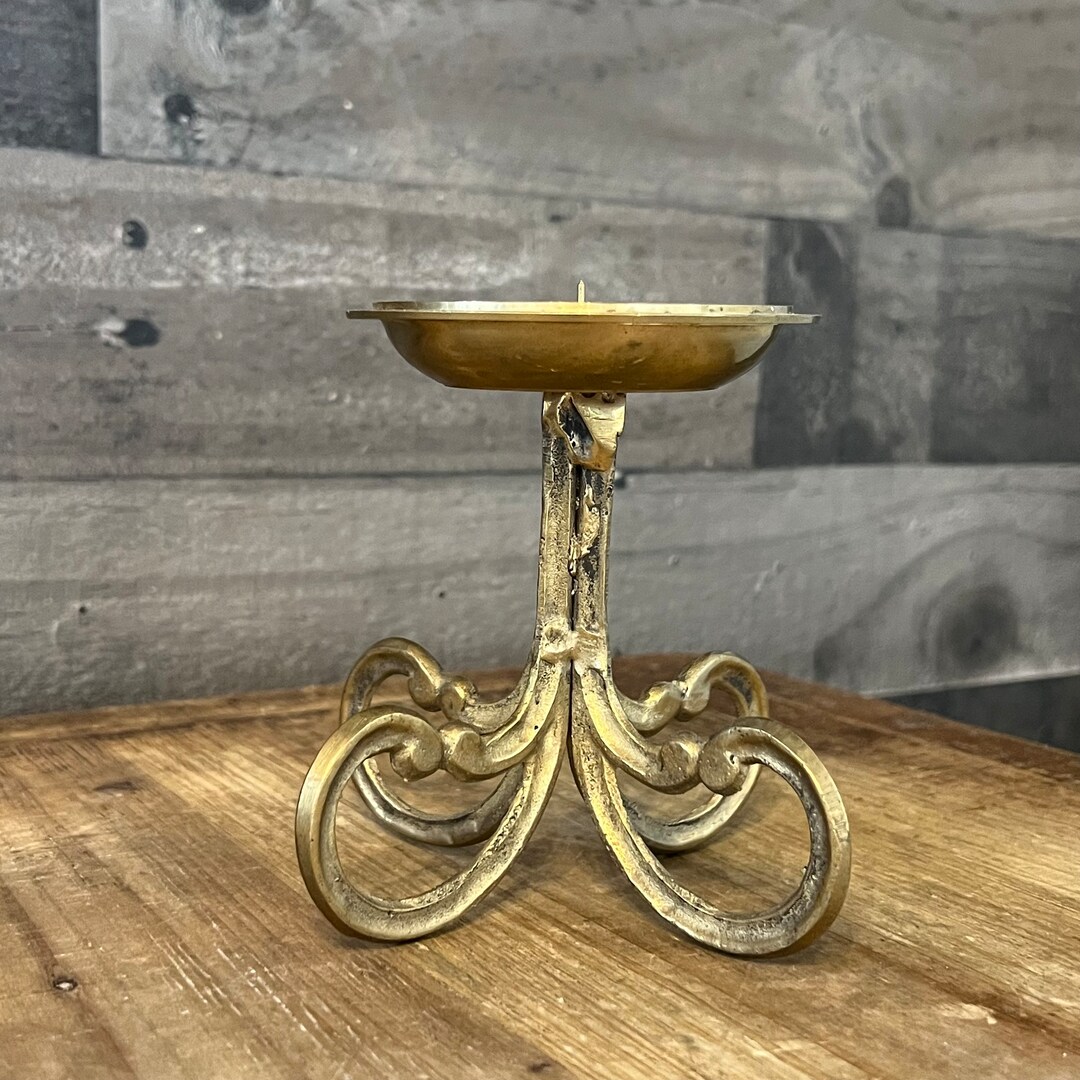 Vintage Brass Scroll Foot Pillar Candle Holder - Etsy