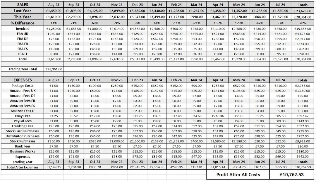 Simple Business Spreadsheet Business Overview From Last Year - Etsy