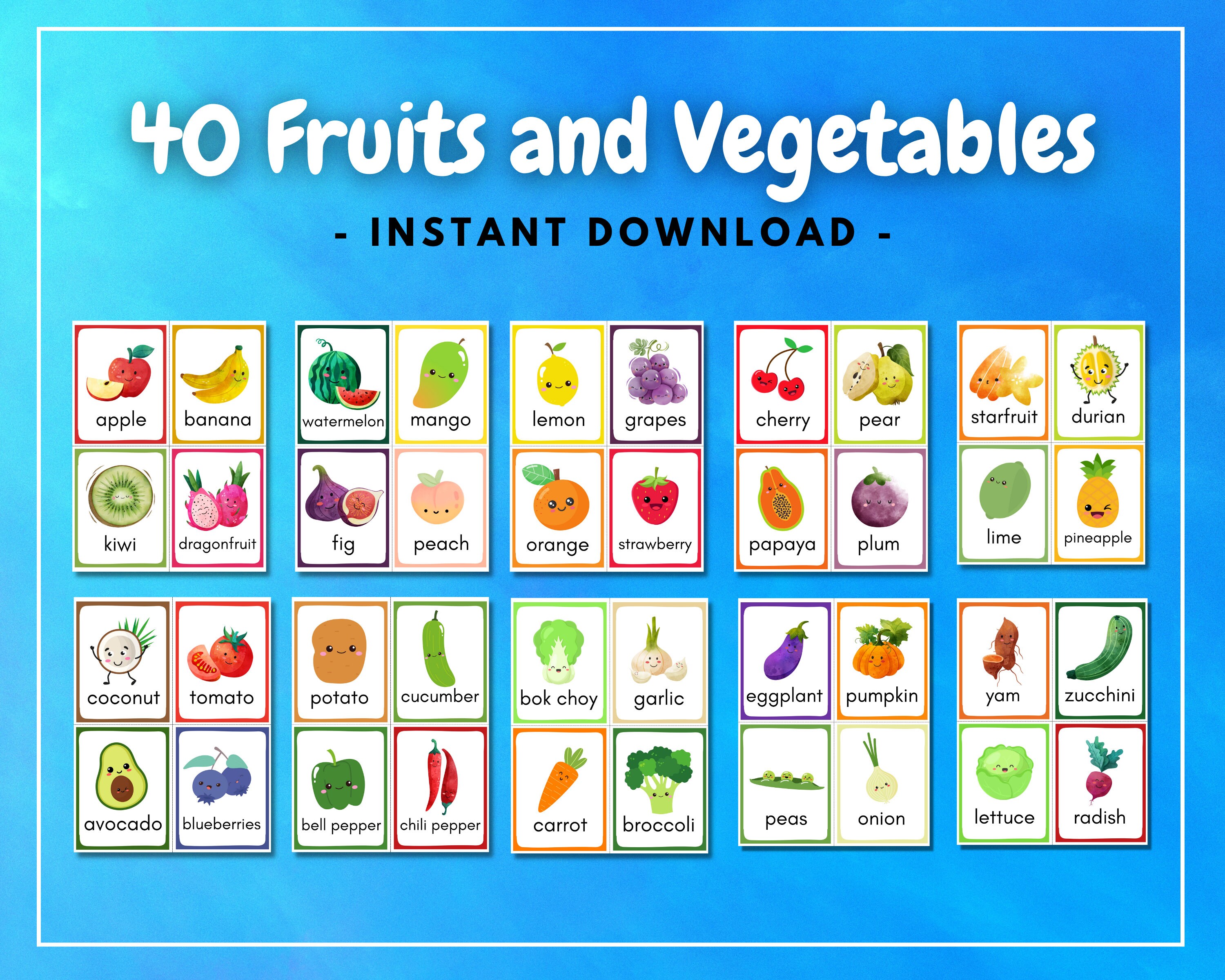 Printable Vocabulary Flashcards Fruits and Vegetables // Set of 40 ...