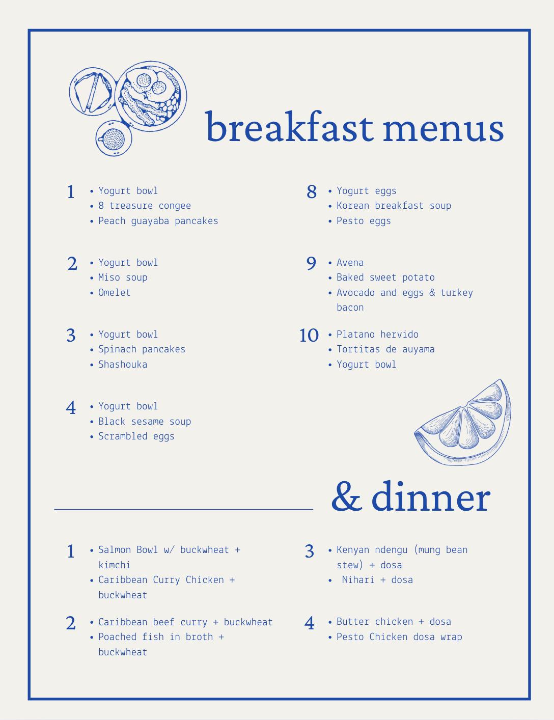 Aesthetic Blue Mediterranean Themed Breakfast, Lunch, or Dinner Menus ...