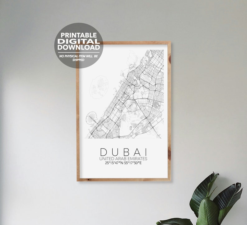 Dubai City Map Art Minimalist Wall Art Modern City Map Decor Printable ...
