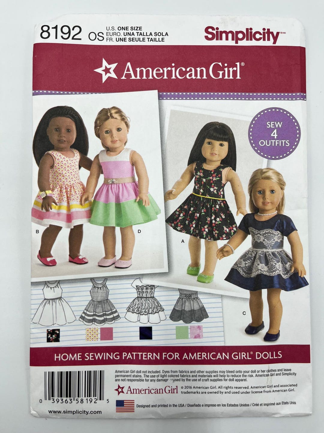 Simplicity 8192 / D0542 American Girl Doll Clothes (4 Dresses) for 18 ...