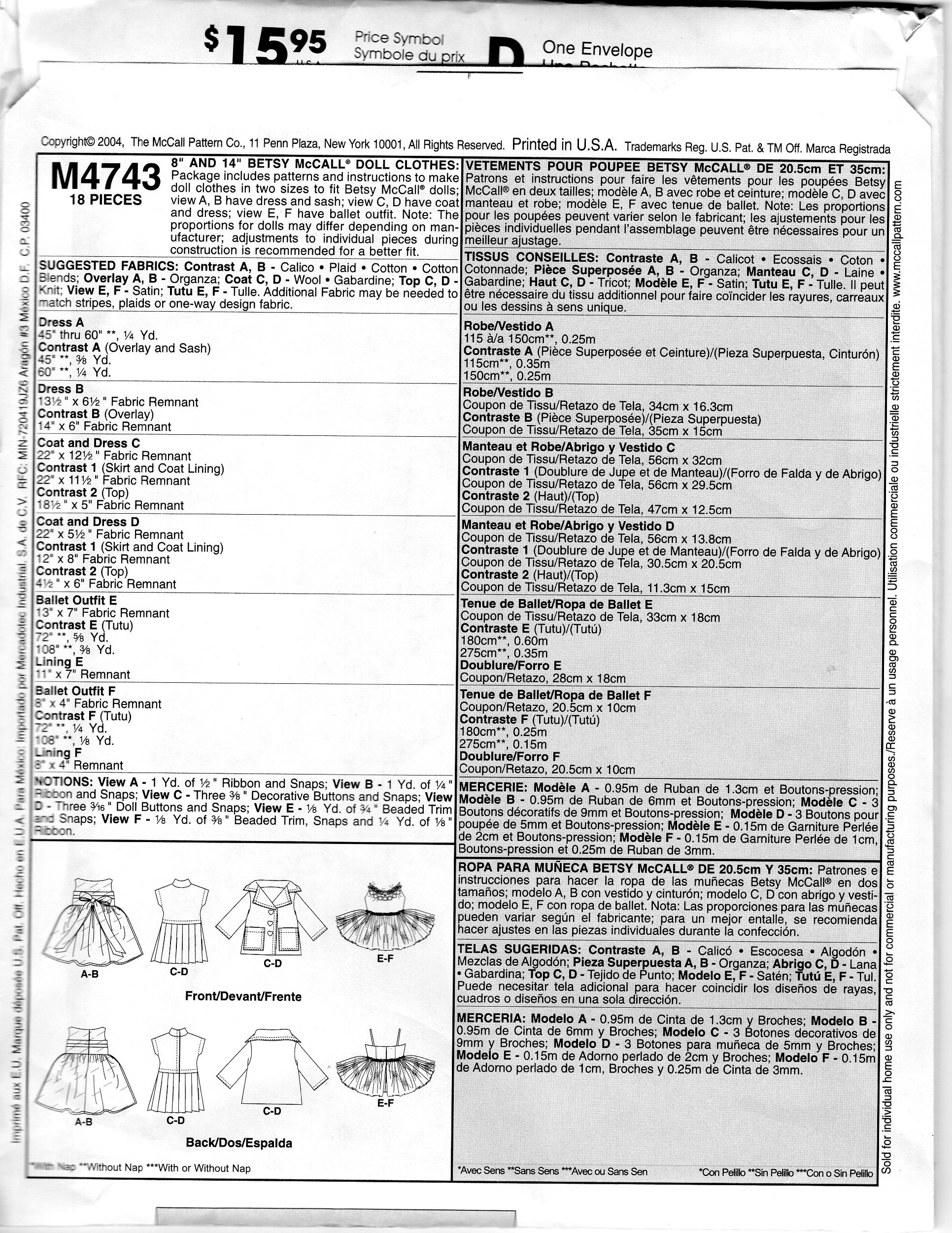 Mccall's Crafts M4743 Betsy Mccall Doll Clothes (dress, Sash, Coat ...