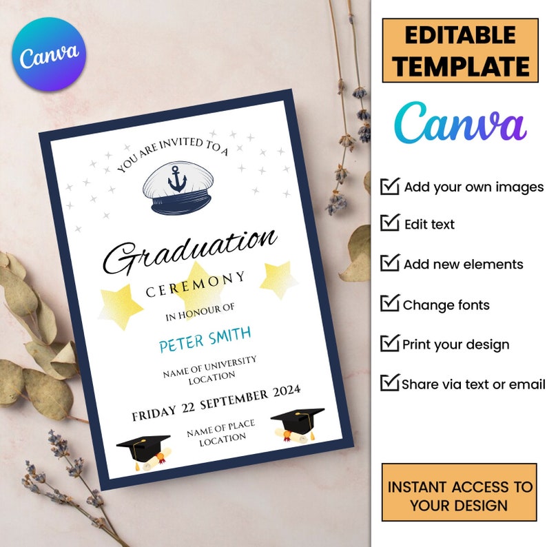 Navy Graduation Party Invitation, Modern Graduation Announcement ...