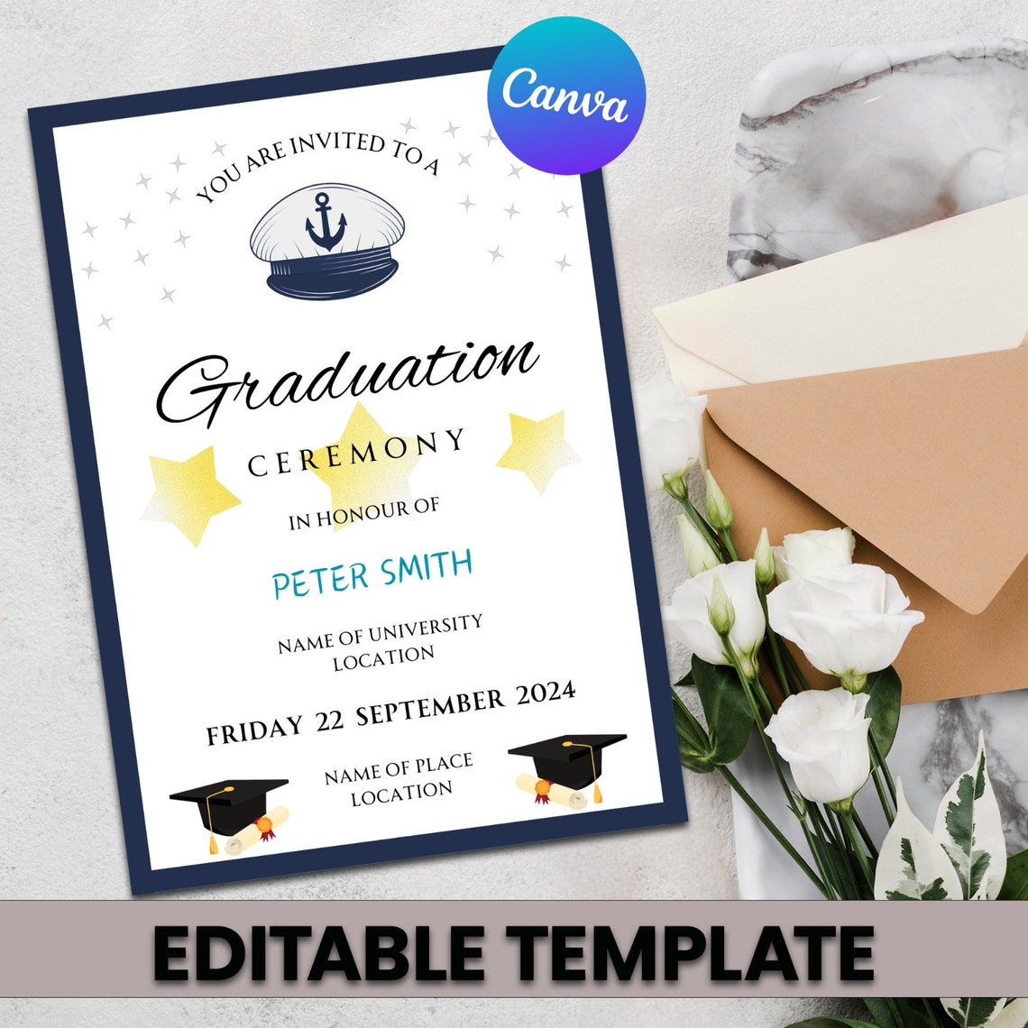 Navy Graduation Party Invitation, Modern Graduation Announcement ...