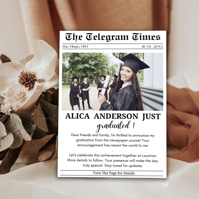 Newspaper Graduation Announcement Card, Modern Senior Graduation Photo ...