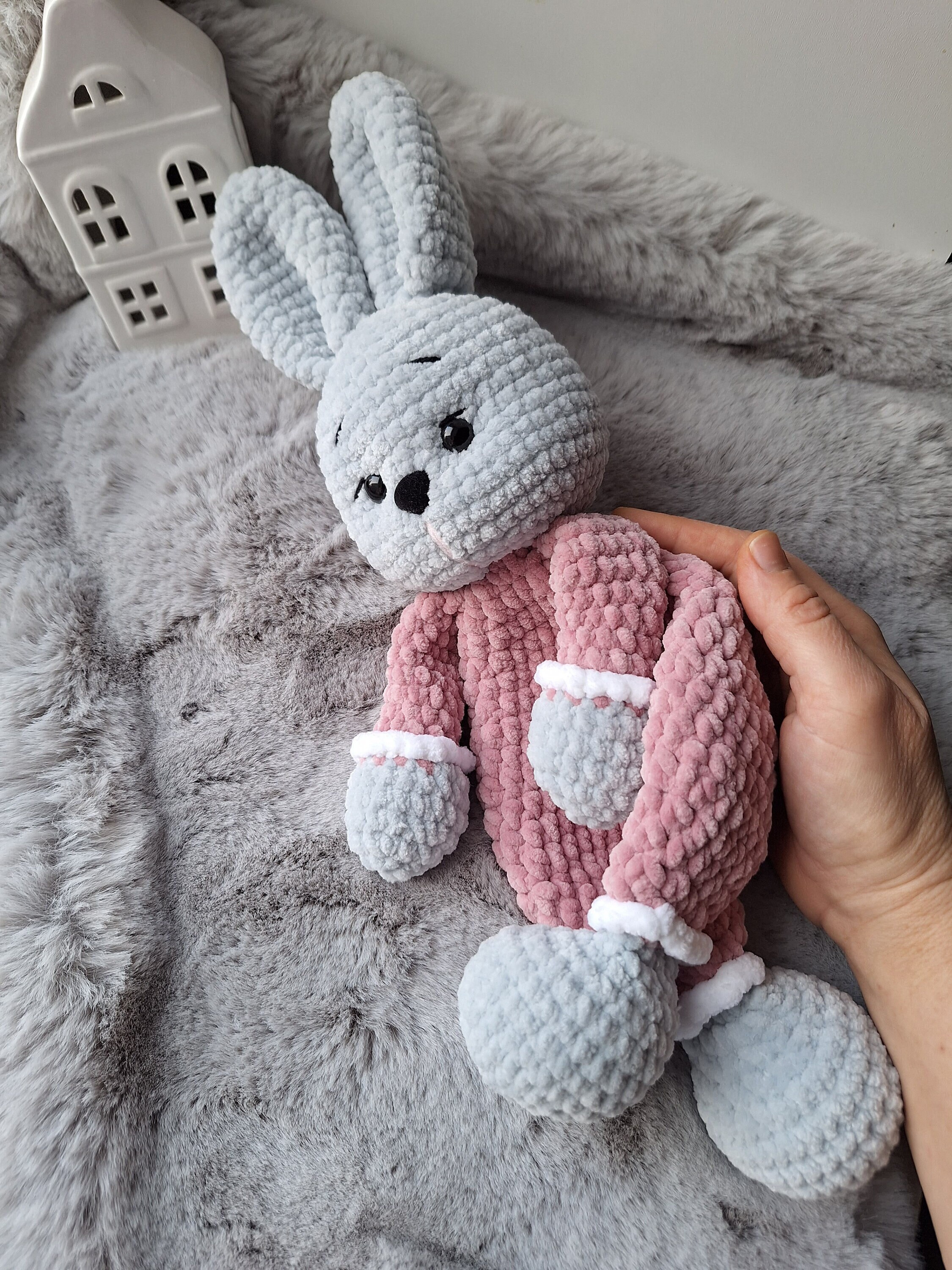 Handmade Pink Bunny Lovey, Crochet Plush Bunny Crib Toy, Plush Cuddly ...