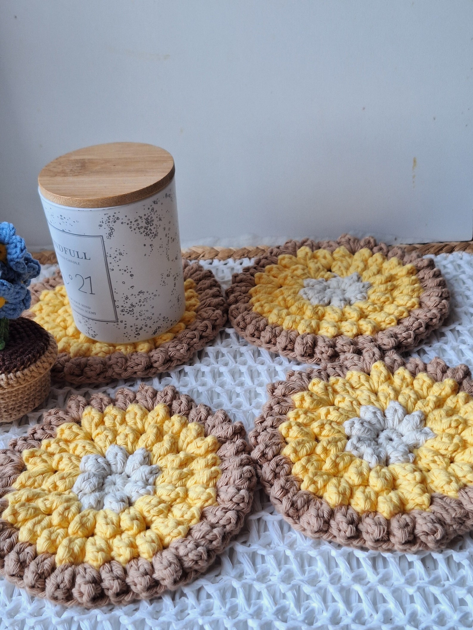 Crochet Cotton Neutral Colors Coaster Pads, Simple Pastel Colors Mug ...
