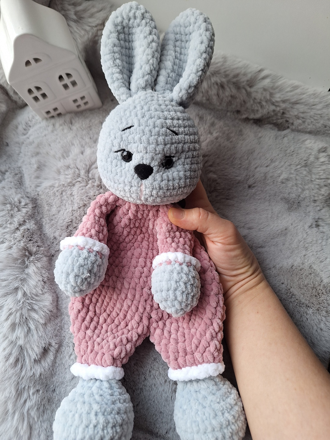 Handmade Pink Bunny Lovey, Crochet Plush Bunny Crib Toy, Plush Cuddly ...