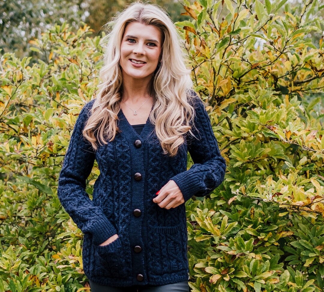 100% English Lambswool Knitted Long Women's Cardigan With Genuine ...