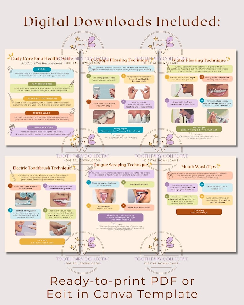 Dental Hygiene Education Handout: Brushing, Flossing, Mouthwash, Tongue ...