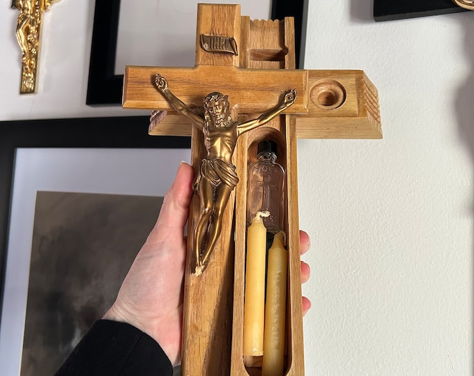 Last Rites Kit in Tact Vintage Crucifix Hidden Box Holy Water Candles ...
