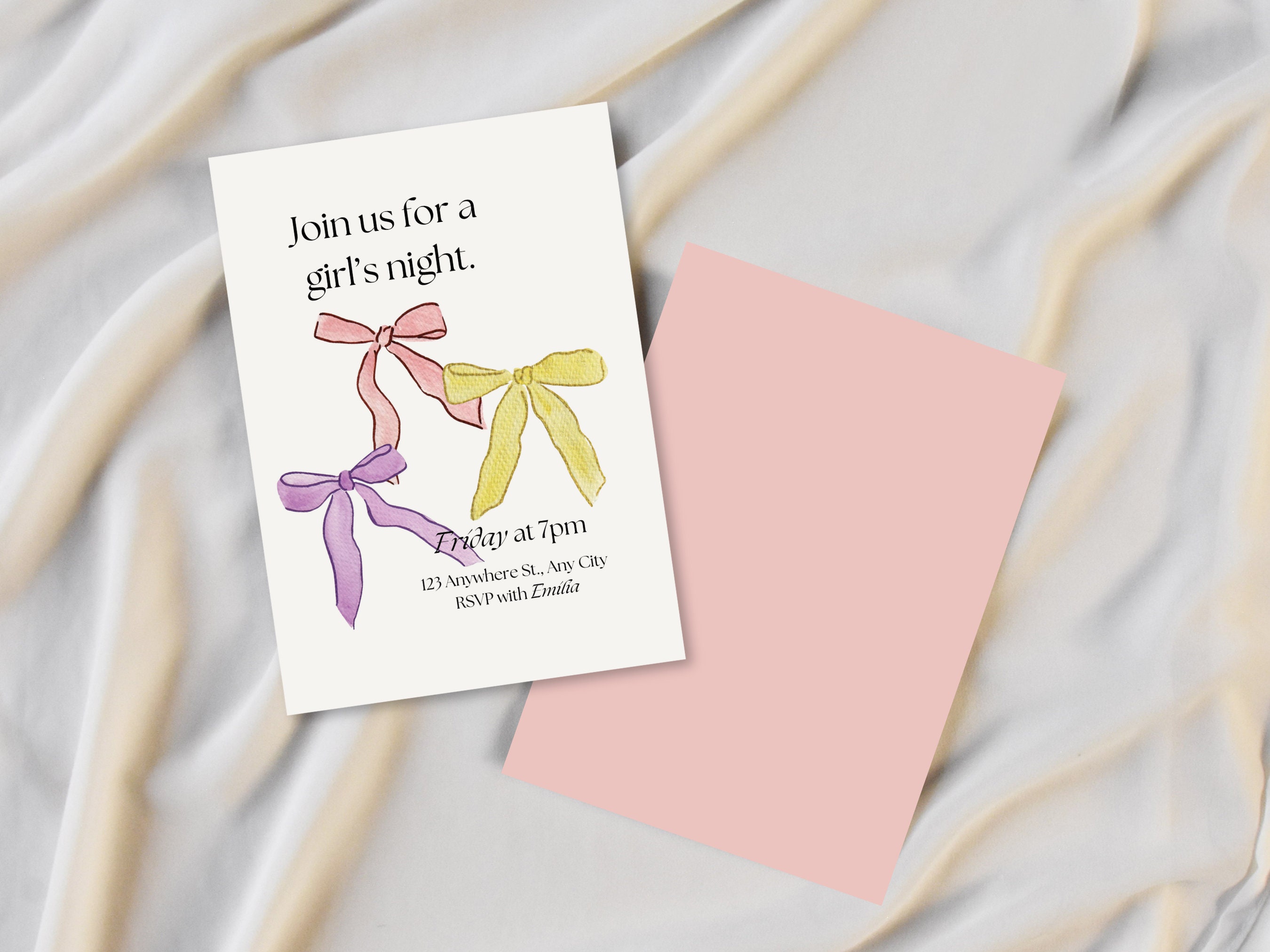 Digital Hand Painted Bows Invitation, Bachelorette Invitation, Canva Invitation, Editable ...