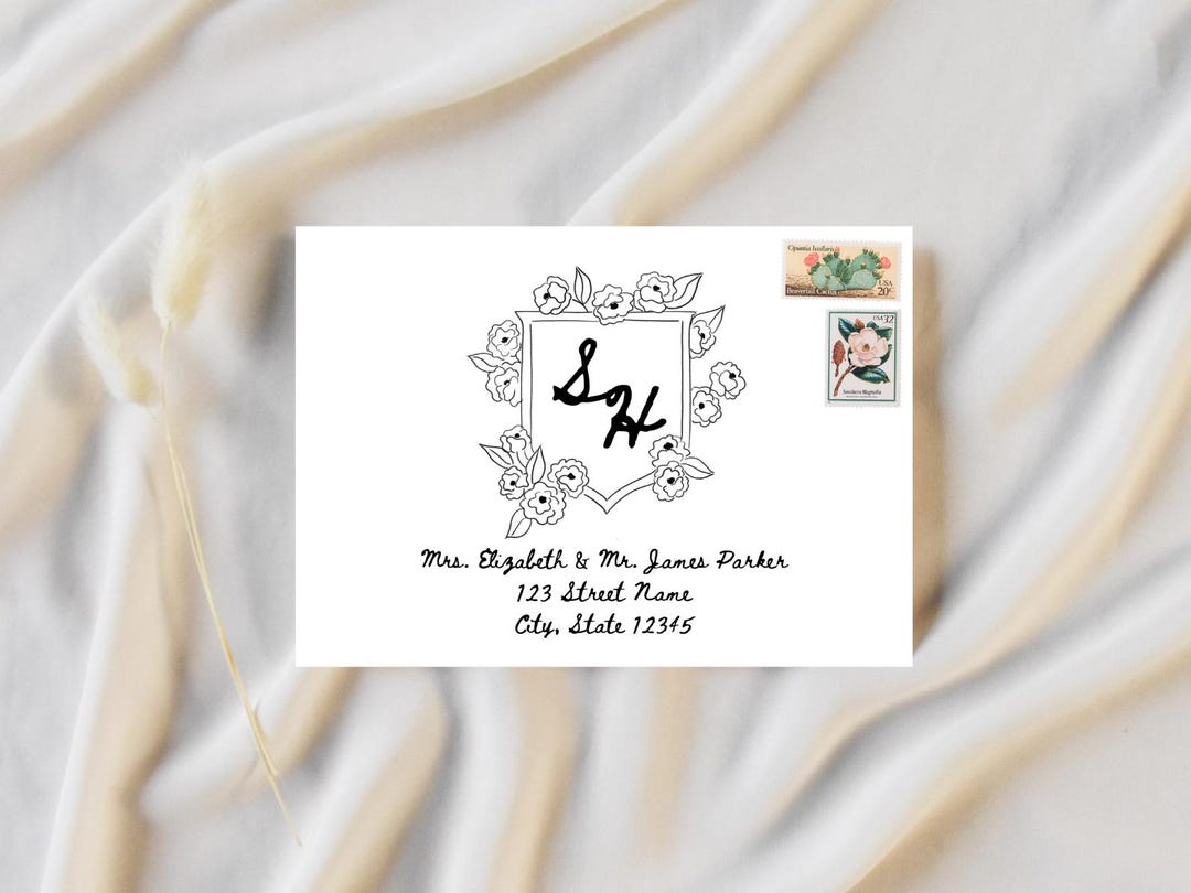 Crest Initials Hand Drawn Illustration Wedding Envelopes, Guest ...