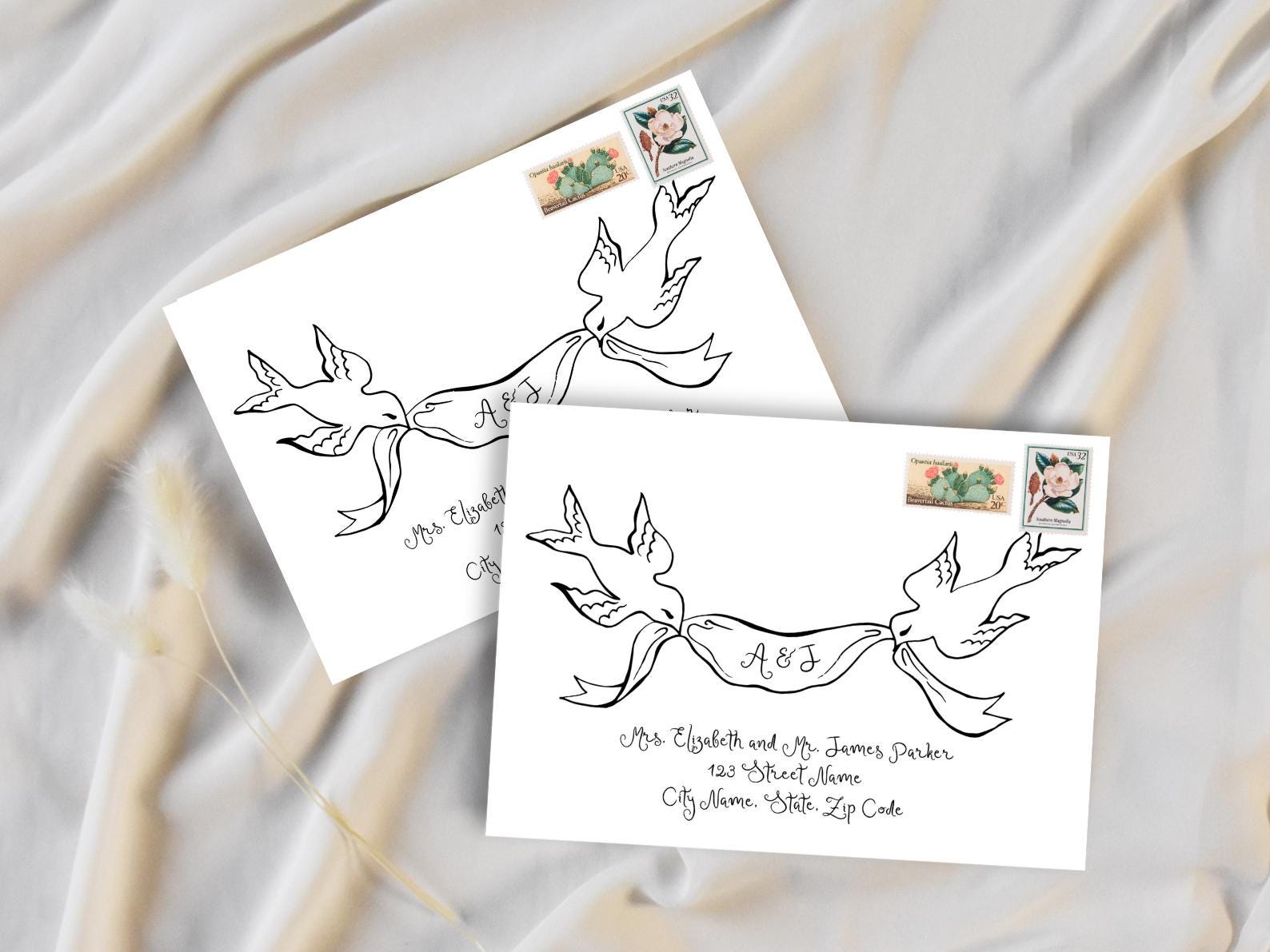 Birds + Banner - Hand Drawn Illustration Wedding Envelopes, Guest ...