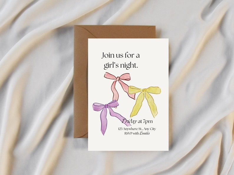 Digital Hand Painted Bows Invitation, Bachelorette Invitation, Canva Invitation, Editable ...