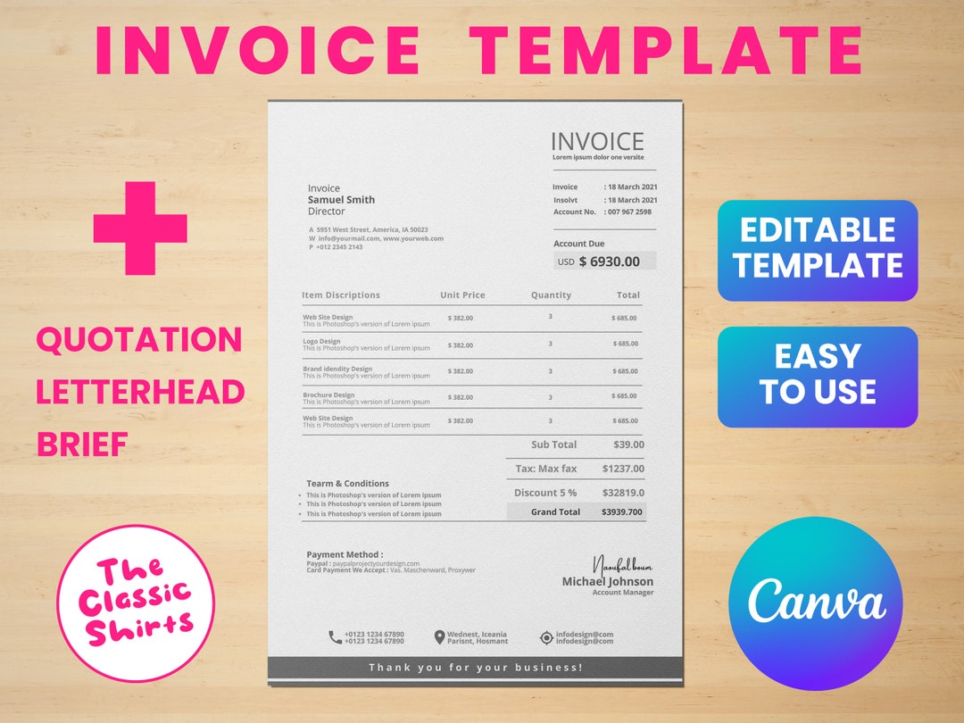 Customizable Invoice Template: Editable Canva Design (digital Download ...