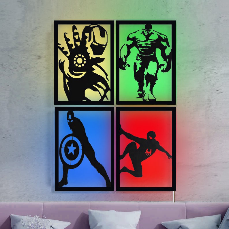 Marvel Avengers Wood Wall Art LED Light Silhouette Picture - Etsy