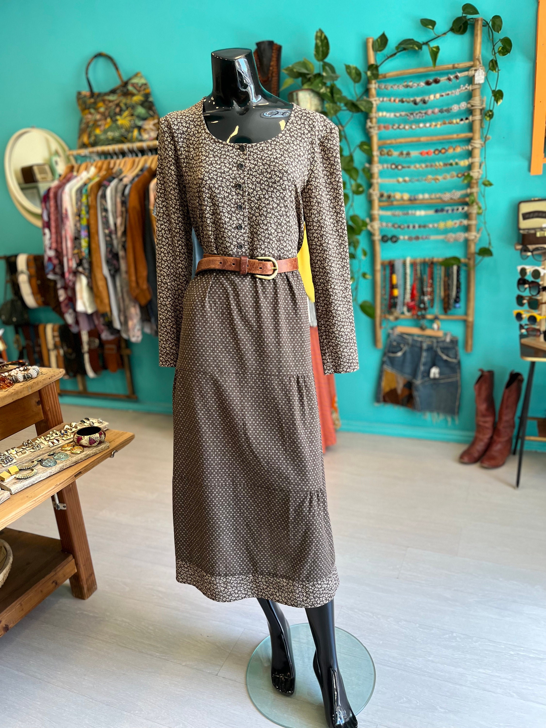 VINTAGE FALL FLORAL Italian Dress /// Bohemian Brown & Beige Two Tone ...