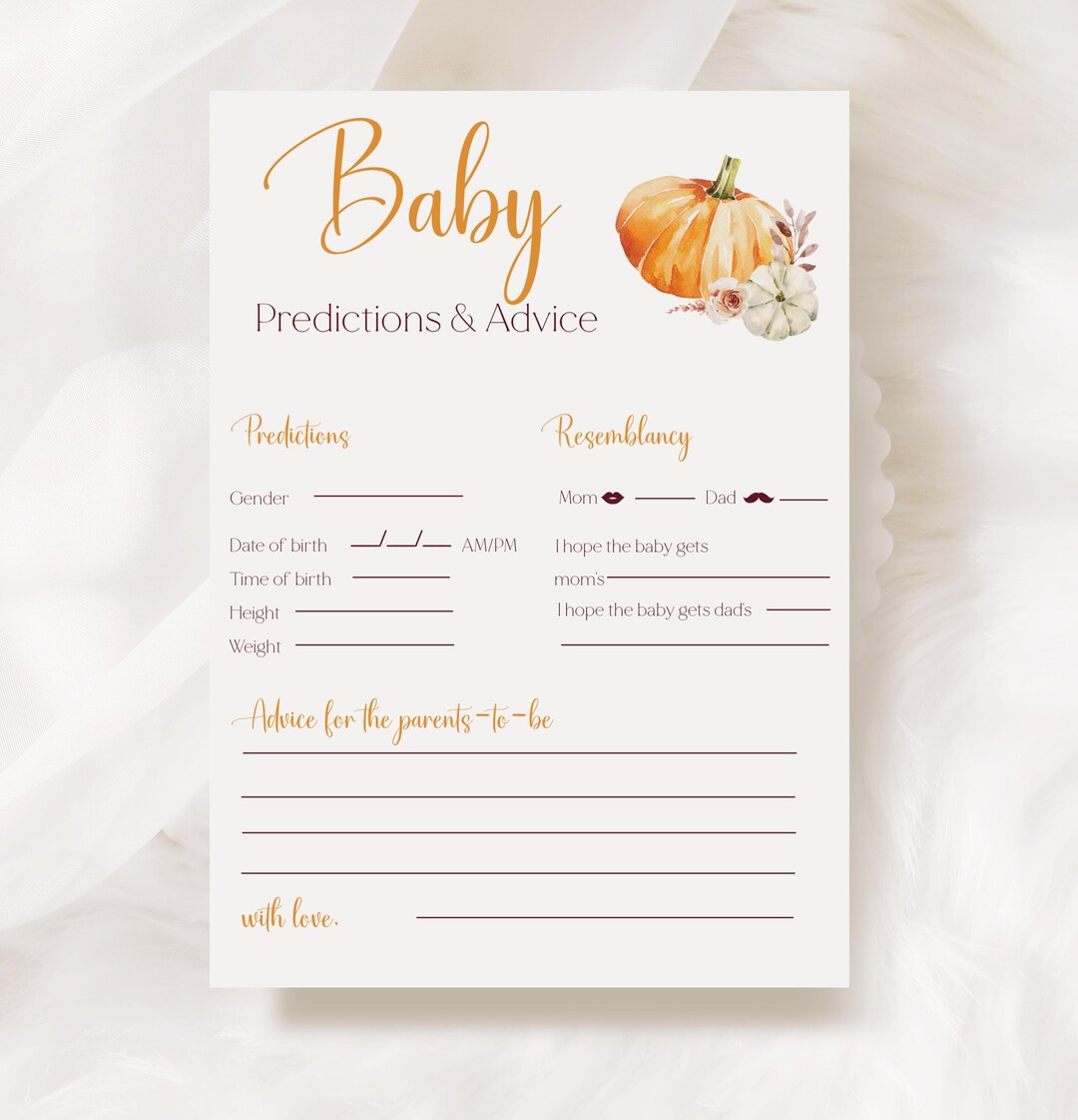 Floral Pumpkin Baby Shower Games Advice and Predictions Game Card ...
