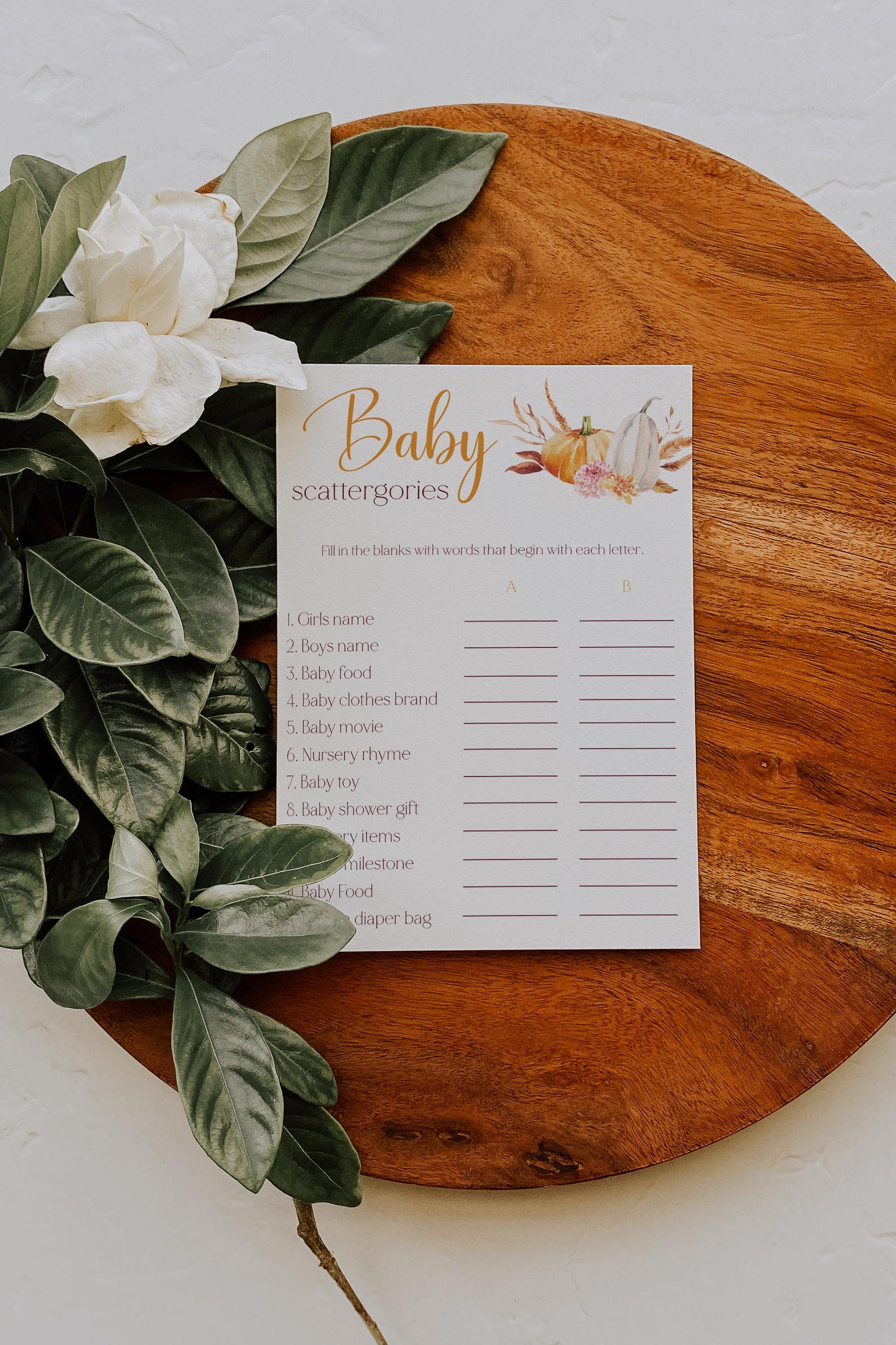 Floral Pumpkin Baby Shower Games Baby Scattergories Game Card ...