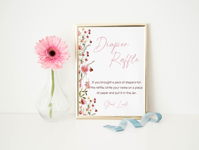 Pink Widflower Baby Shower Diaper Raffle Signs and Card ,baby Shower ...