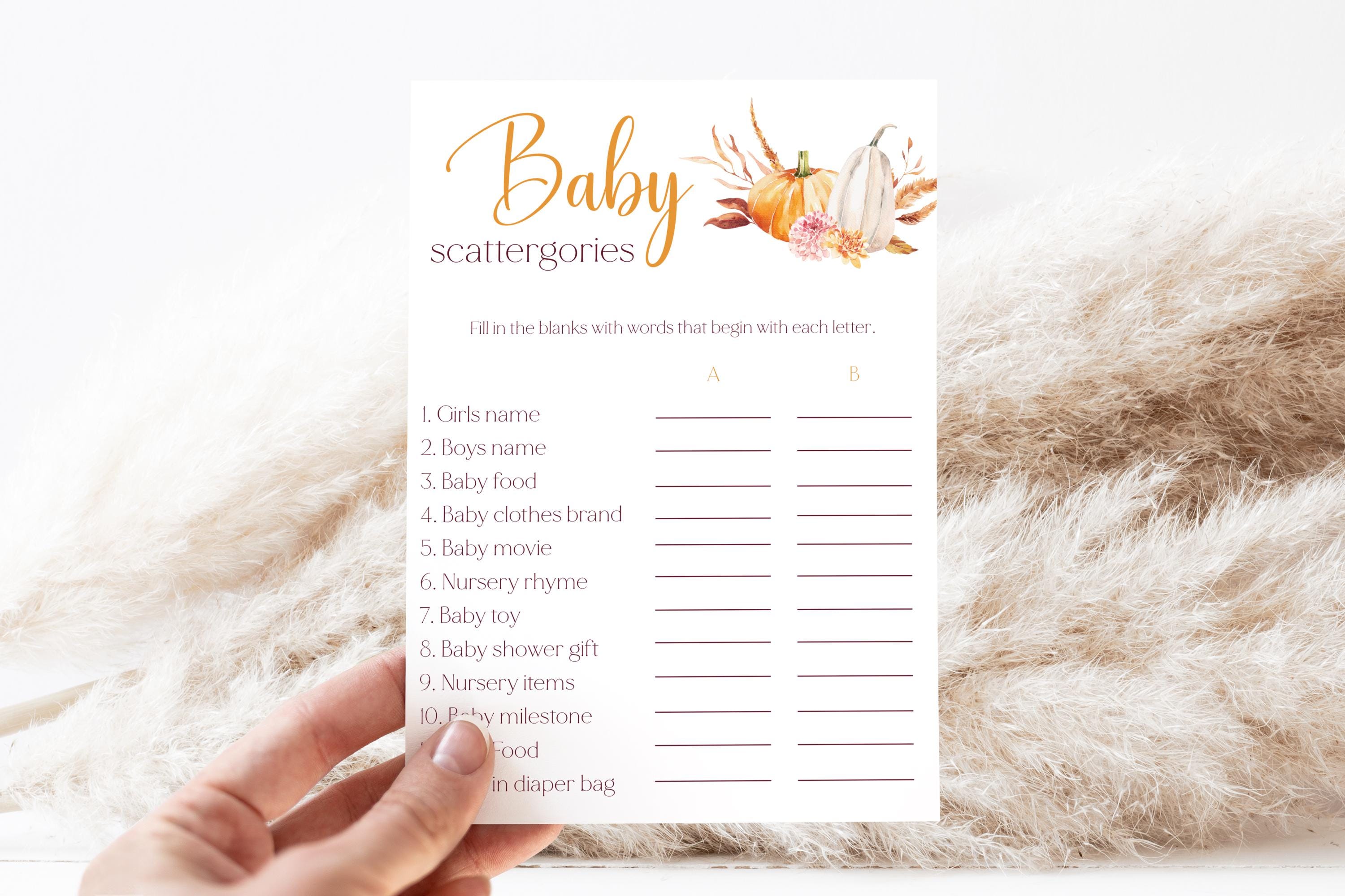 Floral Pumpkin Baby Shower Games Baby Scattergories Game Card ...