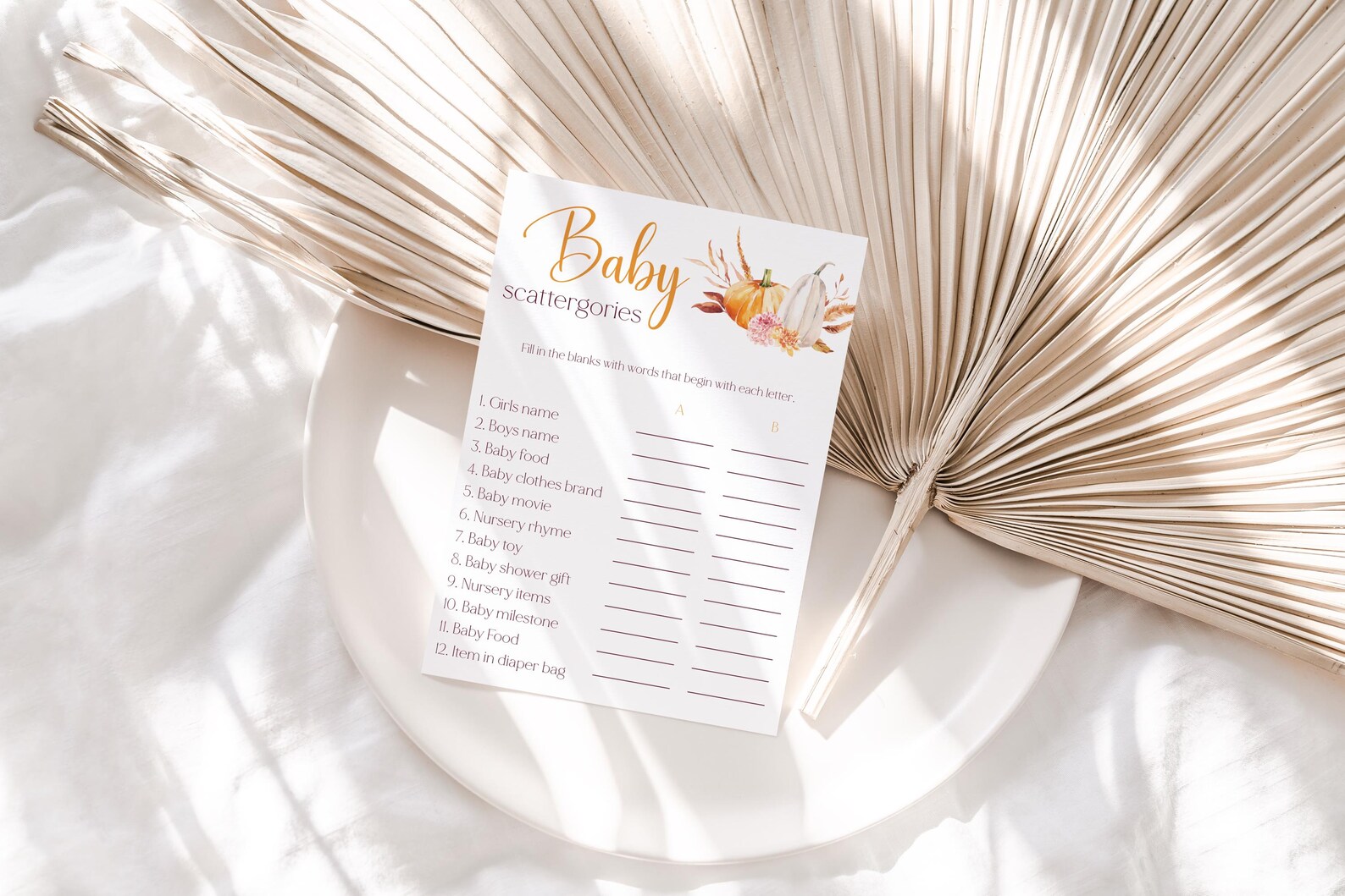 Floral Pumpkin Baby Shower Games Baby Scattergories Game Card ...