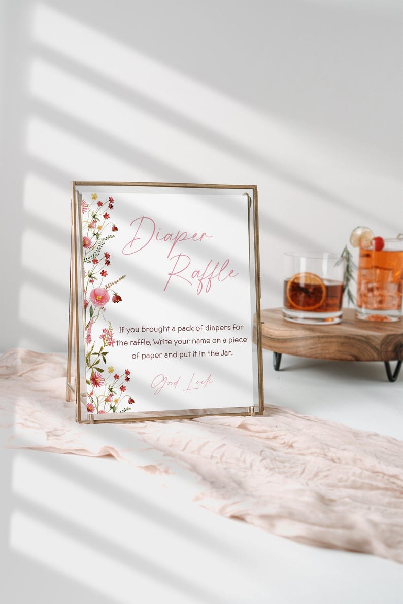 Pink Widflower Baby Shower Diaper Raffle Signs and Card ,baby Shower ...