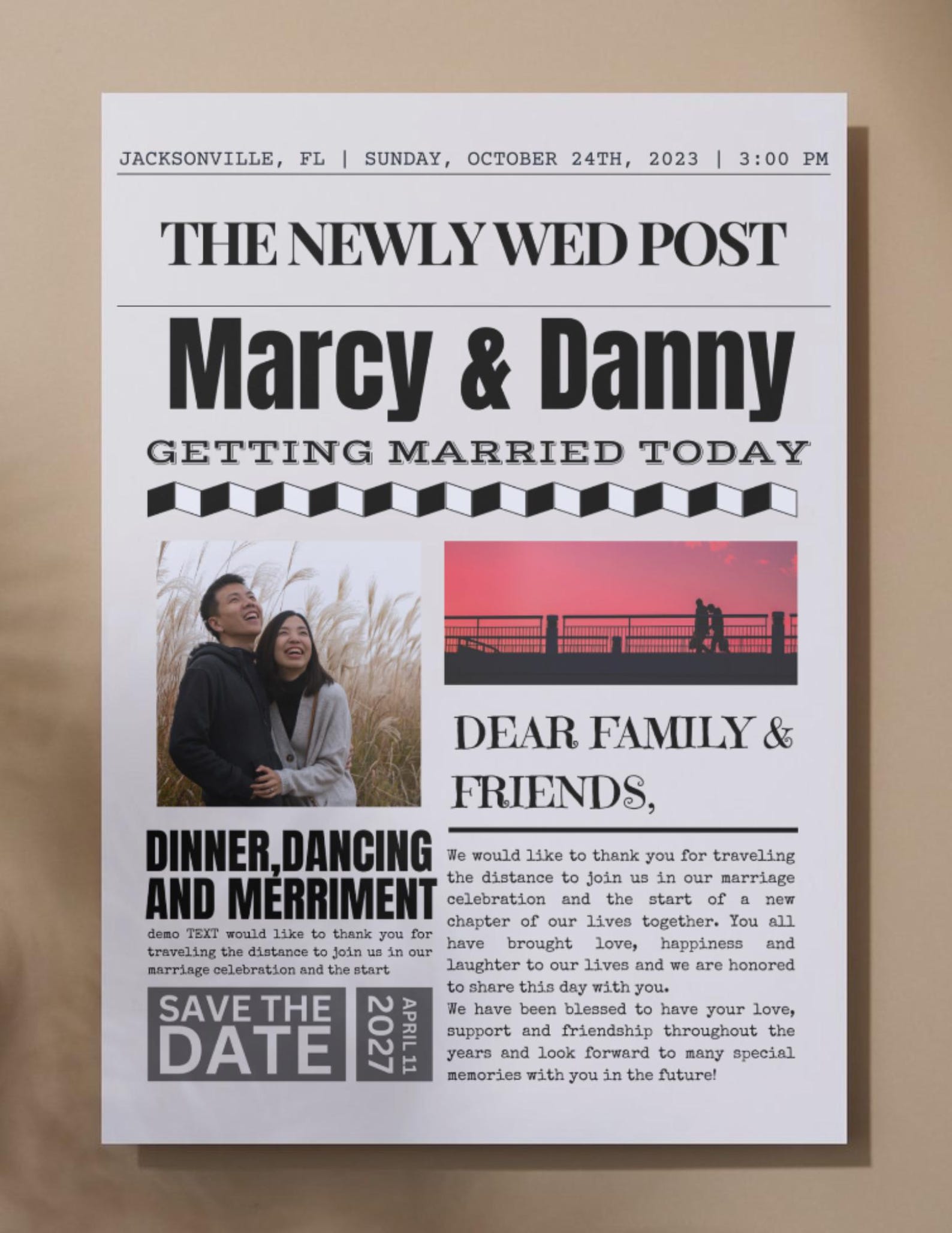 Newspaper Style Wedding Invitation Canva Editable Template Digital ...
